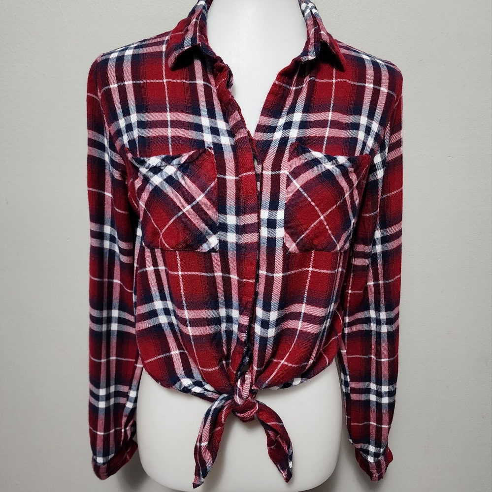 Sim & Sam Red Blue Plaid Flannel Tie Waist Cropped Fl… - Gem